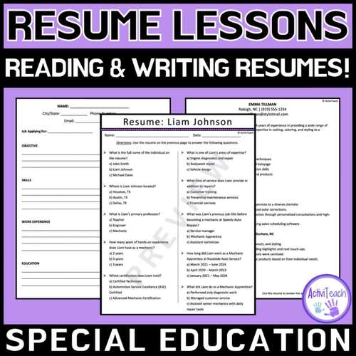 Resume Lesson Resume Writing and Reading Lesson Job Skills for Special ...