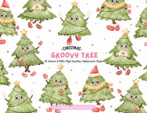 Watercolor Groovy Christmas Tree Clipart Set – Watercolor PNGs, Cute ...