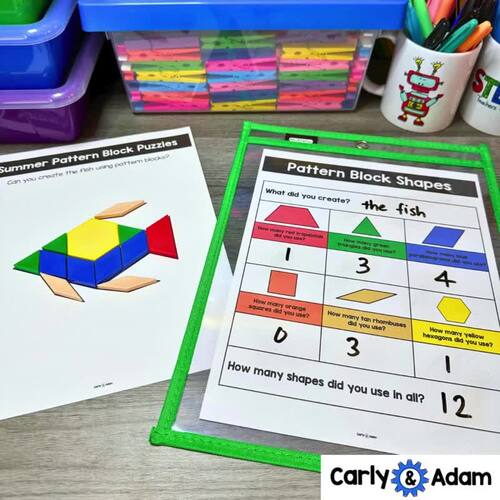 Summer Pattern Block Puzzles 2D Shapes Worksheets Pattern Block Mats ...