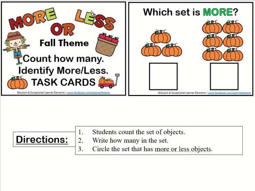 More/Less Task Cards- Greater Than Less Than-Fall Theme- Autism & SPED ...