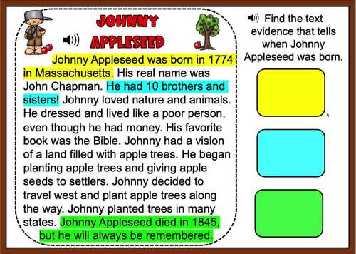 Johnny Appleseed Finding Citing Text Evidence Reading Boom Cards Task ...