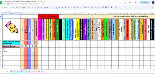 IEP 504 ESL SPED Accommodations Tracker Spreadsheet Checklist Google Sheets
