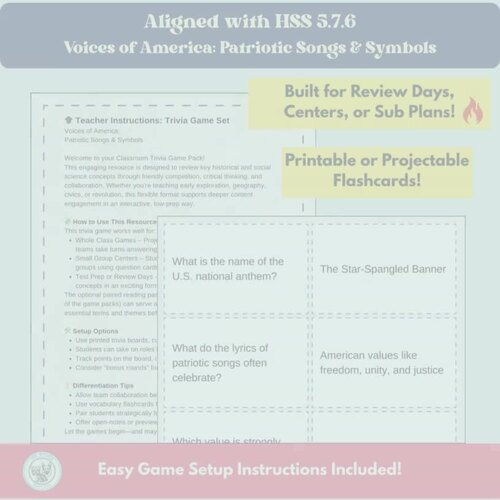 HSS 5.7.6 Trivia Game- Patriotic Songs | U.S. Symbols & Civics Review