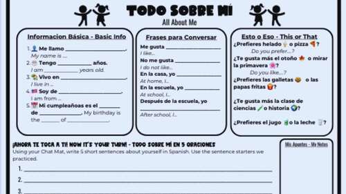All About Me Spanish Chat Mat Todo Sobre Mi Chat Mat Spanish | TPT