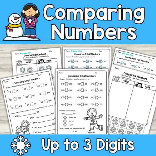 Winter Comparing Numbers Up to 3 Digits Worksheets | 2nd Grade Math Centers