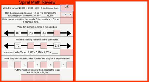 NO PREP - Spiral Math Review for 3rd or 4th grade - Dinosaur Rex