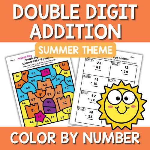 Summer Double Digit Addition Color by Code Math Center 2nd Grade Worksheet