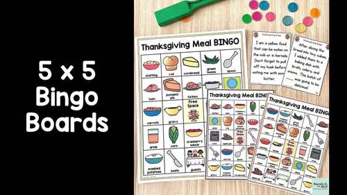 Thanksgiving Meal Bingo Game with Riddles or Inference Clues for Language