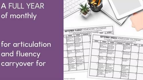 Speech Therapy Homework Calendars Articulation Fluency Middle School ...