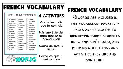 French Varied Vocabulary Writing and Speaking Games and Activities Packet