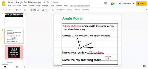 Angle Pair Relationships Digital Lesson with Google Slides Intro Proofs