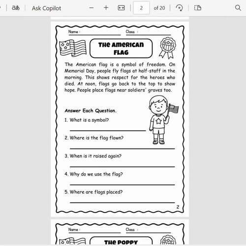 Memorial Day Reading Comprehension Passages and Questions for Kids ...