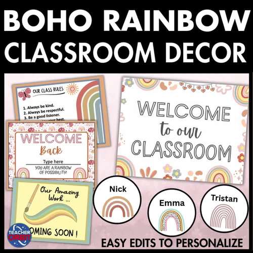 Boho Rainbow Calm Classroom Decor Welcome Poster Mini Bundle Back to School