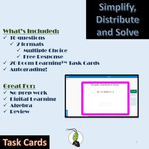 Simplify, Distribute, Solve, Evaluate Boom Digital Task Cards | TPT