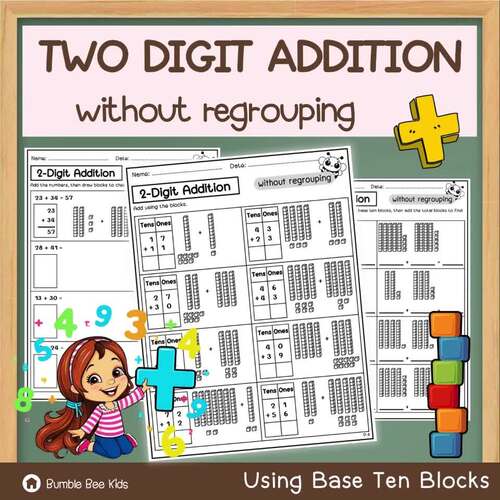 2-Digit Addition & Subtraction Without Regrouping | Base Ten Blocks Worksheets