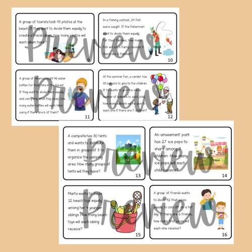 Summer Division Word Problems Task Cards - Seasonal Math Centers Activities