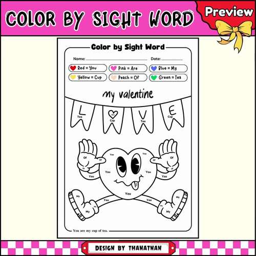 Valentine's Day themed! Color by Sight Word Printable Worksheets