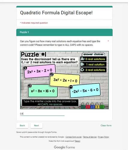 Quadratic Formula {with complex solutions} Digital Math Escape Room ...