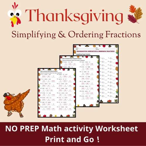 Thanksgiving Math Ordering and Simplifying Fractions Holiday 18 Worksheets