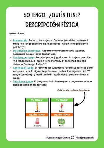 Spanish Vocab Game | Descripción física | Yo tengo, ¿Quién tiene?