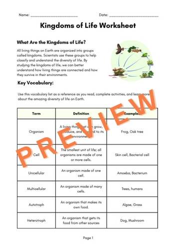 Six Kingdoms of Life Reference Guide and Worksheet Packet for 8th Grade