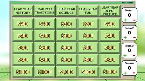 Leap Year Jeopardy Trivia Game - Customizable w/ Scoring (.pptx) Leap ...