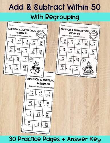 Summer Mixed Addition and Subtraction Within 50 With Regrouping | Math ...