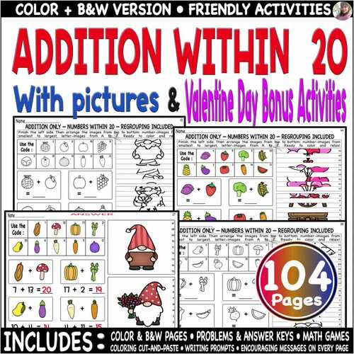 Addition Within 20 Valentine Worksheets + Bonus Cut & Paste Color Code ...