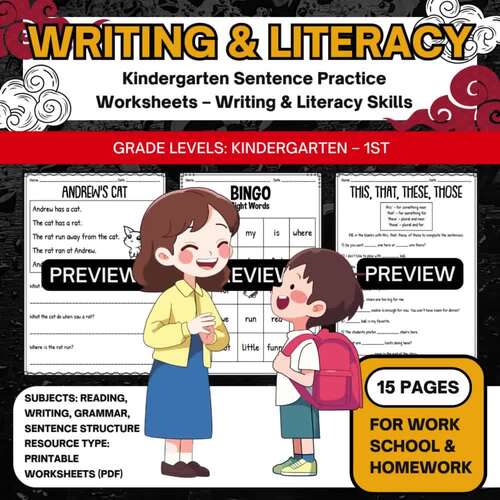 Kindergarten Sentence Practice Worksheets - Writing & Literacy English ...