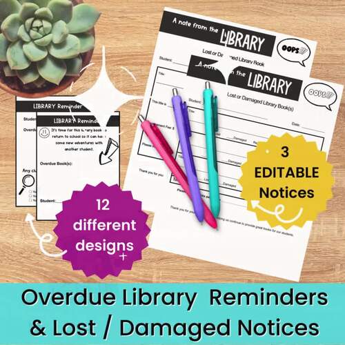 EDITABLE Friendly Overdue Library Book Reminders and Lost Damaged Book ...