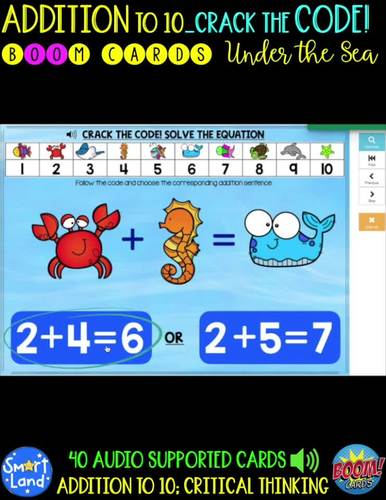 Addition to 10 digital cards Break the Code | Sea Animals | TpT
