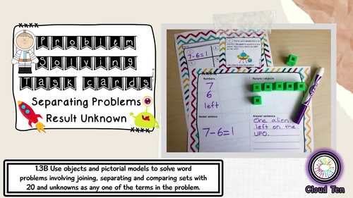 Result unknown subtraction word problem task cards by Cloud Ten | TPT