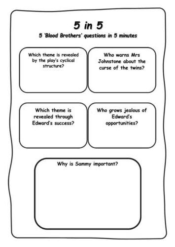 English Literature Blood Brothers Starter Questions Worksheets PDF