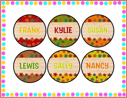 Printable Bright Fall Student Name Labels, Round Autumn Classroom Labels