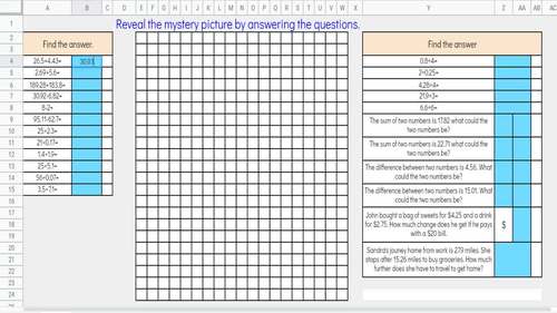 Digital Math Pixel Art | Mystery Picture 5th Grade Decimals 5.NBT.7 Google