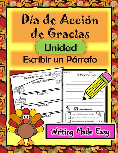 Thanksgiving Writing Unit in Spanish: Día de Gracias- Escribir un Párrafo