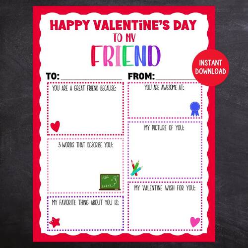Kid's Valentine's Card for Friend, Printable Class Valentine's Activity