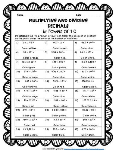Thanksgiving Multiplying and Dividing Decimals by Powers of 10 Color by ...