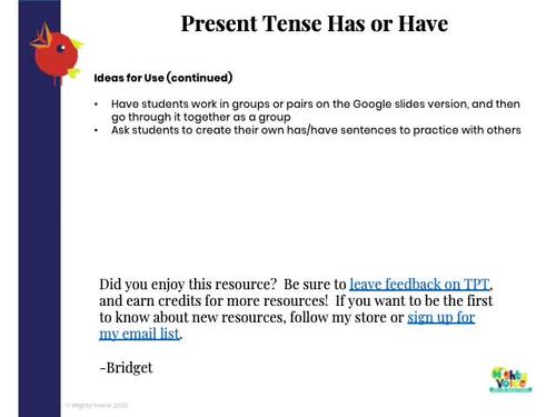 Has or Have Present Tense Verbs Grammar Practice PDF & Google Slides