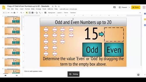 Even & Odd Numbers up to 20 Interactive Google Slides™ - Baseball Themed