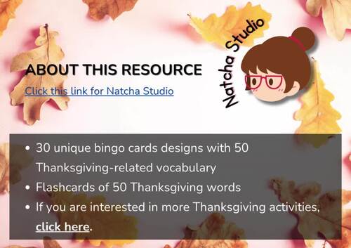 Thanksgiving Bingo Card with flashcards - 30 designs for Elementary