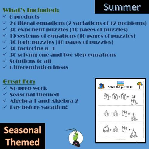 End of Year Summer Logic Puzzles for Algebra with Exponents and Solving ...