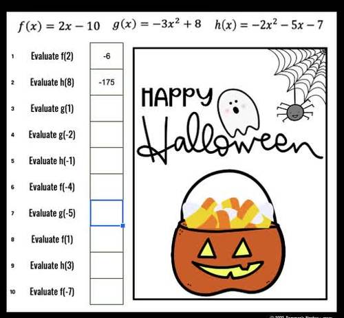 Evaluating functions - self-checking Halloween picture sheet | TPT