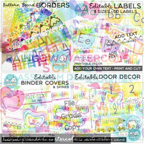 Rainbow Watercolor SCHOOL Classroom Decor Bundle by Jax and Jake