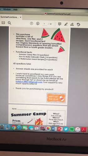 Functional Text Passages: Summer Themed Directions, Recipe, Flier
