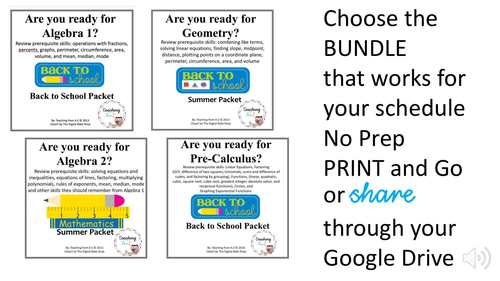 Algebra 2 & Pre-Calculus Summer or Back to School Readiness Packets