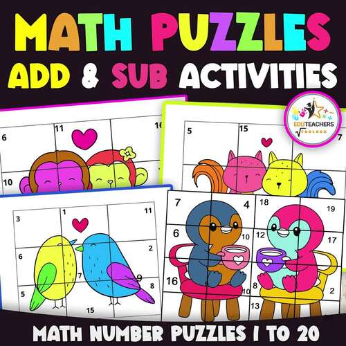 Math Puzzles Add & Sub Activities sheets 1 to 20–Valentine Fun&Engaging ...
