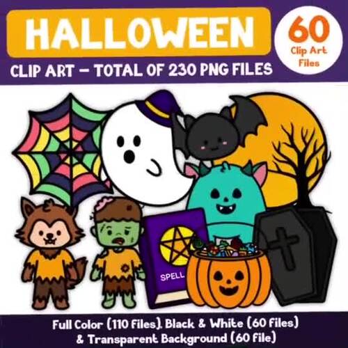 HALLOWEEN CLIP ART | FULL COLOR, TRANSPARENT BACKGROUN & BLACK & WHITE ...