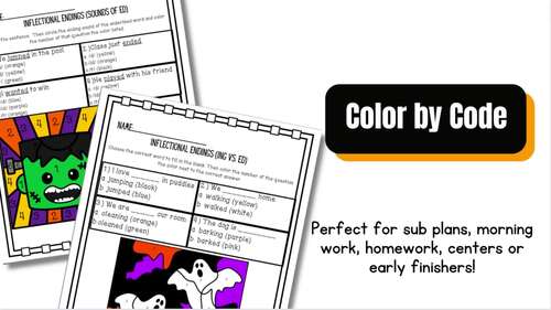 Halloween Inflectional Endings Color by Code Worksheets- ing vs. ed & more