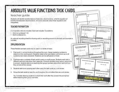 Absolute Value Functions Task Cards Activity by Math Beach Solutions